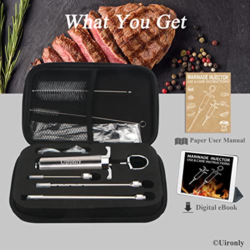 Uironly Meat Injector,Turkey Seasoning Injection Kit with 3 Professional Marinade Injector Needles for Grill Smoker BBQ Brisket; Include User Manual, E-Book - Storage Case