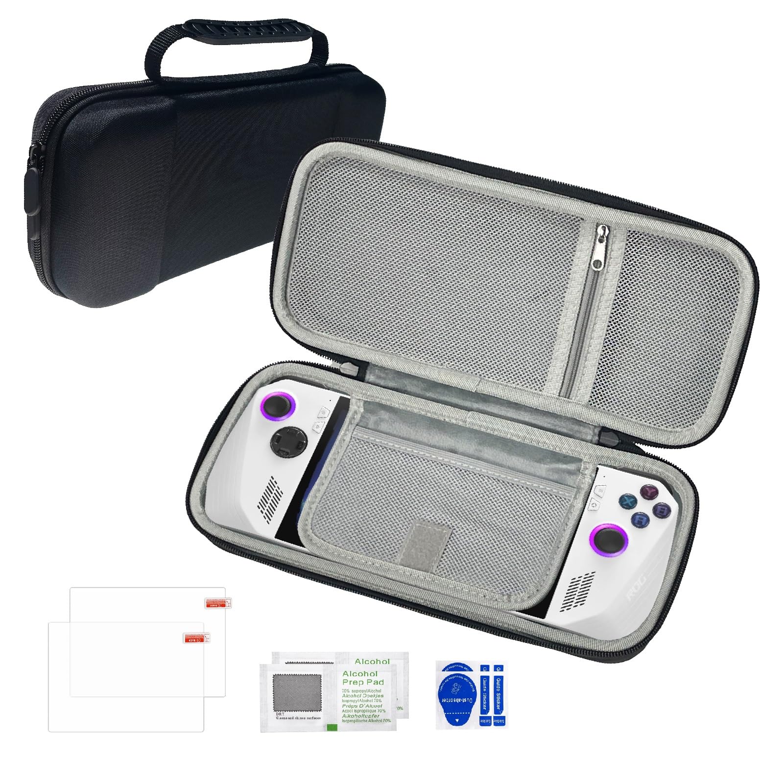 MENORCA Handheld Carrying Case for ASUS ROG Ally With 2pc Transparent HD Clear Anti-Scratch Screen Protector for ASUS ROG Ally Gaming Handheld-7 inch, Black/Double Pocket/Large Capacity