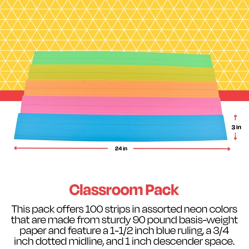 School Smart Sentence Strip, 3 x 24 Inches, Assorted Neon Colors, 90 lb, Pack of 100