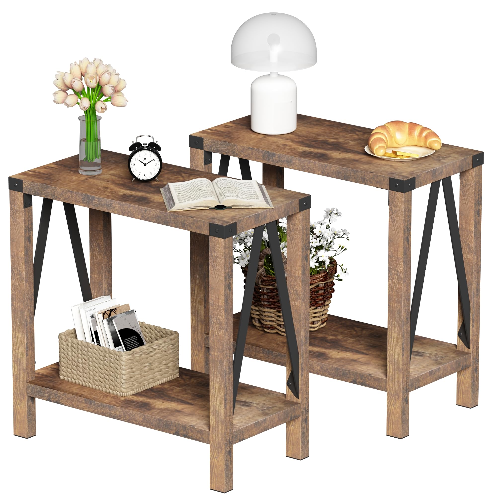 ChooChoo Farmhouse End Table for Small Spaces, Narrow Side End Table with Storage Shelf, Rustic A-Design Nightstand Sofa Table for Living Room, Bedroom (Rustic Brown) 2 Pack