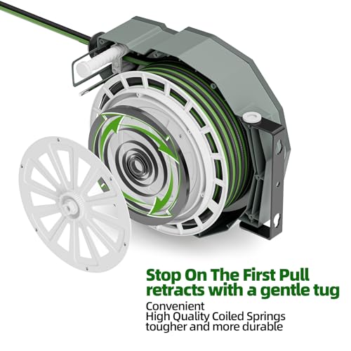 SPECILITE Retractable Heavy Duty Garden Hose Reel, 1/2" X 66 + 5 FT 2 Year Anti-Fading Wall Mounted Hose Reel, Smooth Automatic Rewind, 9 Pattern Sprayer, 180° Swival Bracket, Any Length Lock