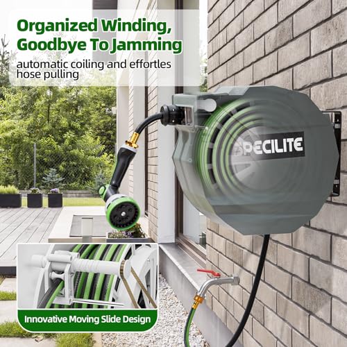 SPECILITE Retractable Heavy Duty Garden Hose Reel, 1/2" X 66 + 5 FT 2 Year Anti-Fading Wall Mounted Hose Reel, Smooth Automatic Rewind, 9 Pattern Sprayer, 180° Swival Bracket, Any Length Lock