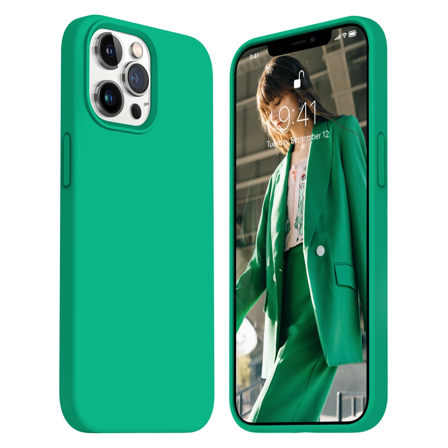 JELE Shockproof Designed for iPhone 13 Pro Max Case, Liquid Silicone Phone Case with [Soft Anti-Scratch Microfiber Lining] Military Grade Drop Protection Slim Thin Cover, 6.7 inch, Bright Green