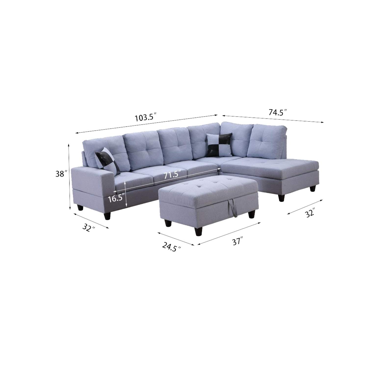 OPTOUGH Modern Fabric Sectional Sofa with Storage Ottoman and Right Chaise Lounge,Living Room Furniture Set L-Shape Couches w/ 2 Pillows, Gray