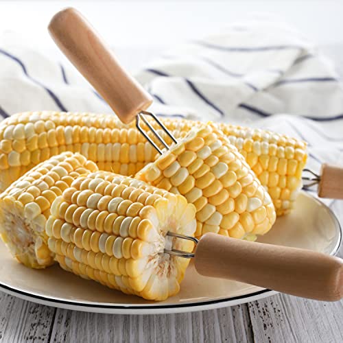 Corn On The Cob Holders Set of 12 Stainless Steel Corn Cob Holders with Wooden Handle Cob Skewers Corn Forks for BBQ Sweetcorn Roasted Meat Fruit (12)