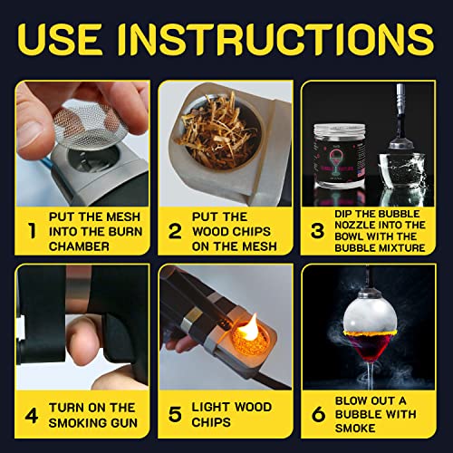 Smoking Gun Wood Smoke Infuser Birner PRO - Starter Kit, 11 PCS, Flavor Blaster Smoker Machine with Accessories and Wood Chips and Smoking Gun Bubble Mixture, 8 Oz - Proudly made in USA