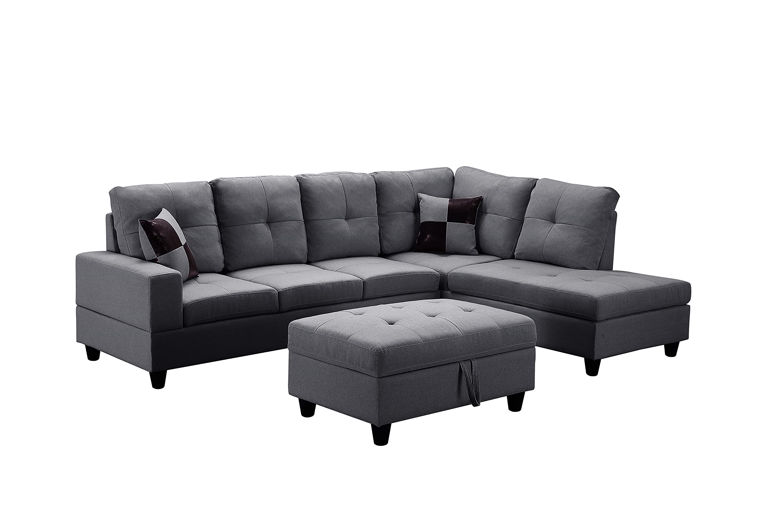 OPTOUGH Modern Fabric Sectional Sofa with Storage Ottoman and Right Chaise Lounge,Living Room Furniture Set L-Shape Couches w/ 2 Pillows, Gray