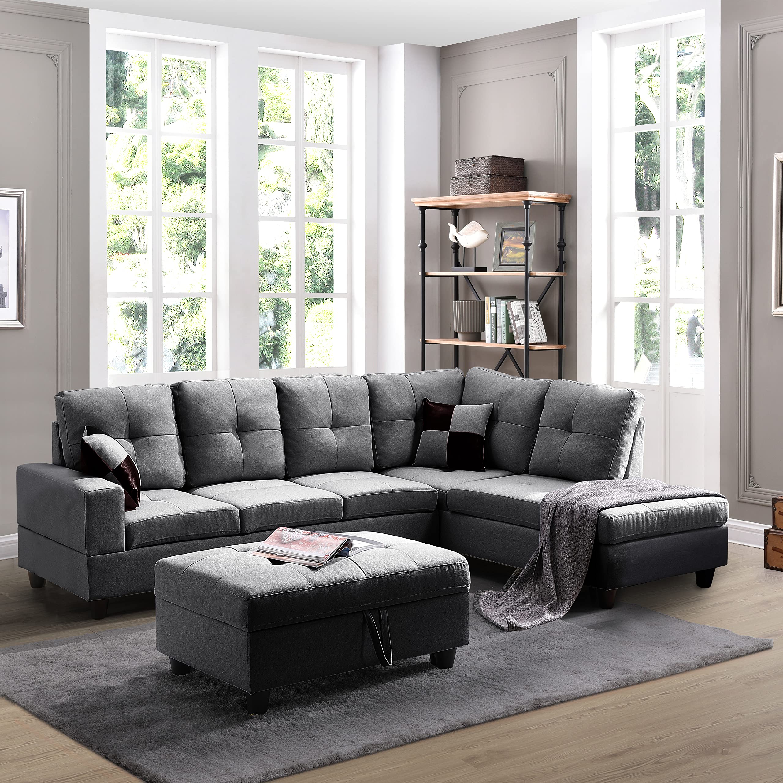 OPTOUGH Modern Fabric Sectional Sofa with Storage Ottoman and Right Chaise Lounge,Living Room Furniture Set L-Shape Couches w/ 2 Pillows, Gray