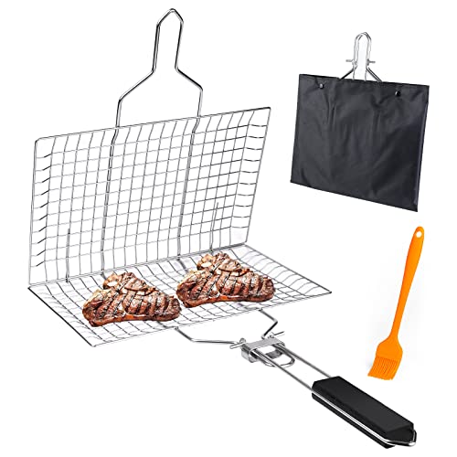 Stainless Steel Grill Basket Barbecue Grill Basket Portable Grill basket with Removable Handle,Perfect for Grilling Vegetables Fishes Shrimp Steak meat and more with Carrying Pouch,A Useful BBQ Tool