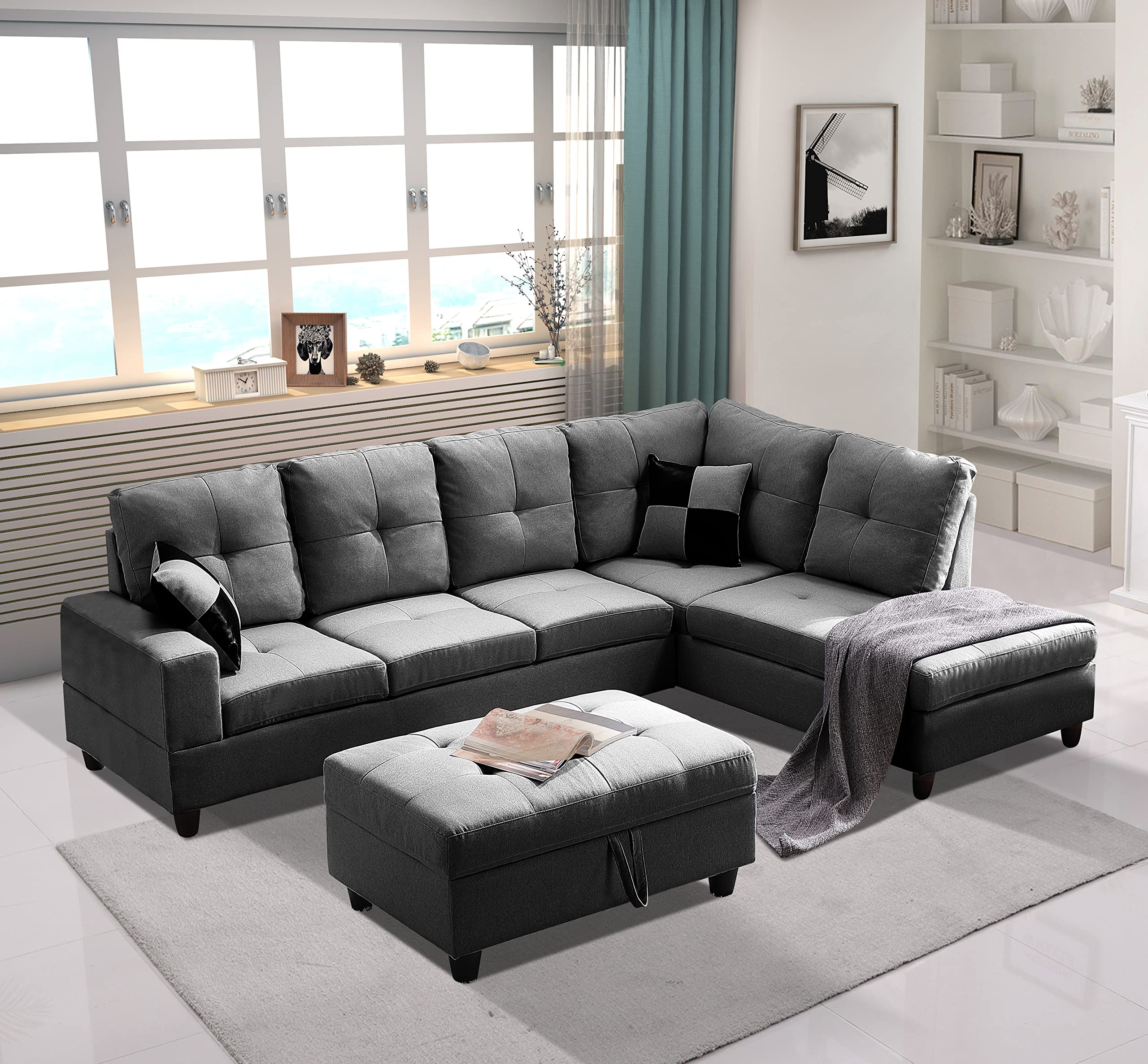 OPTOUGH Modern Fabric Sectional Sofa with Storage Ottoman and Right Chaise Lounge,Living Room Furniture Set L-Shape Couches w/ 2 Pillows, Gray