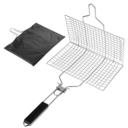 Stainless Steel Grill Basket Barbecue Grill Basket Portable Grill basket with Removable Handle,Perfect for Grilling Vegetables Fishes Shrimp Steak meat and more with Carrying Pouch,A Useful BBQ Tool