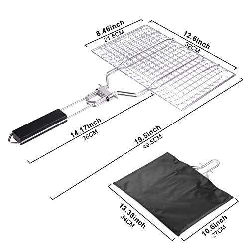 Stainless Steel Grill Basket Barbecue Grill Basket Portable Grill basket with Removable Handle,Perfect for Grilling Vegetables Fishes Shrimp Steak meat and more with Carrying Pouch,A Useful BBQ Tool