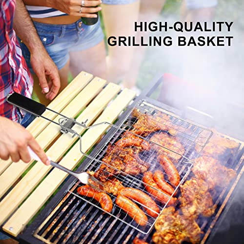Stainless Steel Grill Basket Barbecue Grill Basket Portable Grill basket with Removable Handle,Perfect for Grilling Vegetables Fishes Shrimp Steak meat and more with Carrying Pouch,A Useful BBQ Tool