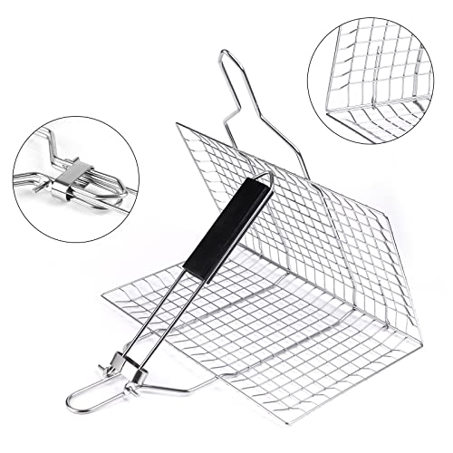 Stainless Steel Grill Basket Barbecue Grill Basket Portable Grill basket with Removable Handle,Perfect for Grilling Vegetables Fishes Shrimp Steak meat and more with Carrying Pouch,A Useful BBQ Tool