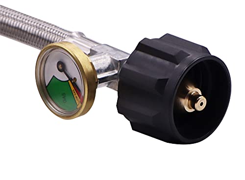 15 Ft Stainless Steel Braided Propane Adapter Max 350 Psi Hose with Pressure Gauge 5-40 Lb Convert Replace for Qcc1/type1 Tank Connects 1 Lb Bulk Portable Appliance to 5-40 Lb Propane Tank Cylinder