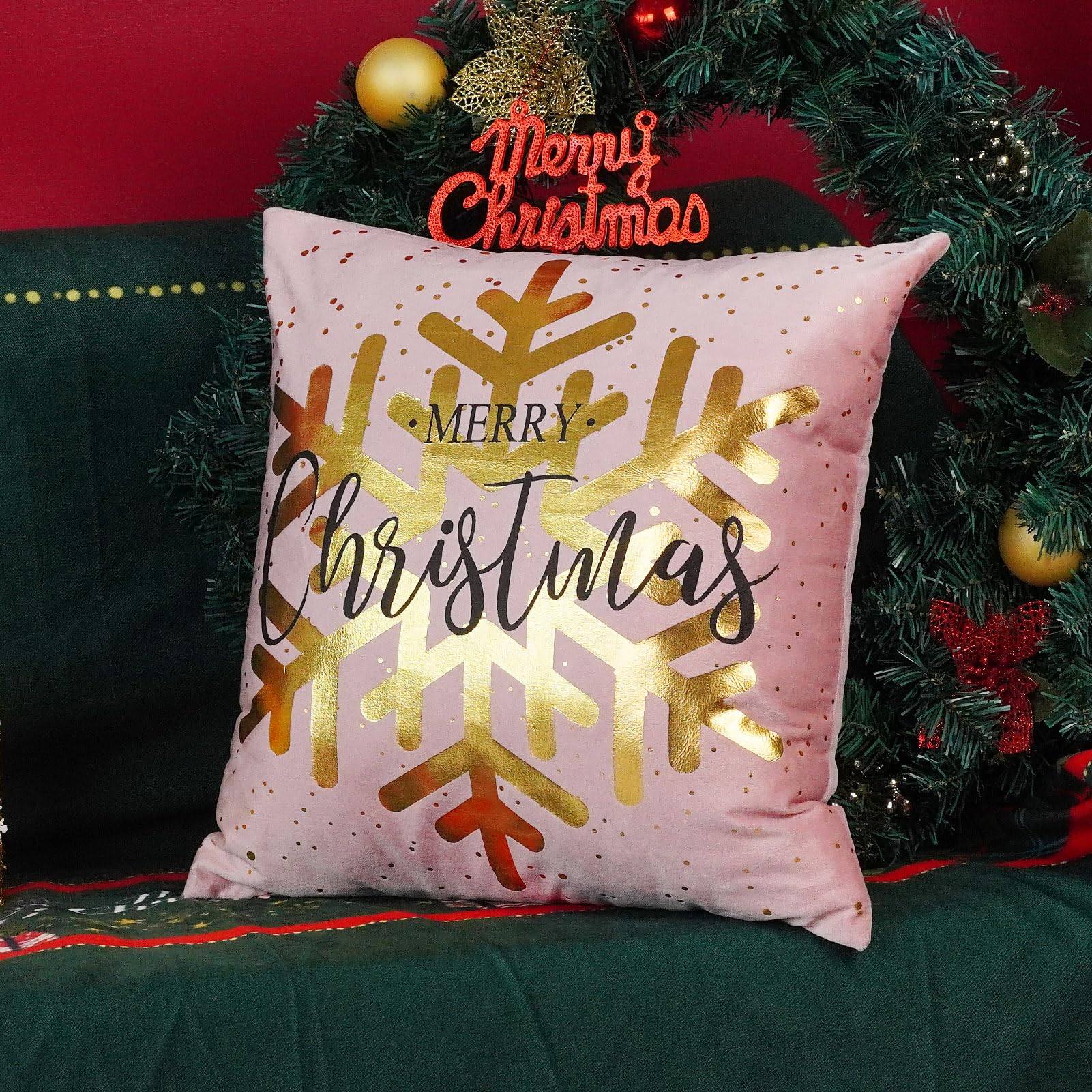 ONWAY Pink Gold Christmas Decorations Throw Pillow Covers 18x18 Set of 4 Snowflakes Reindeer Decorative Cushion Cases Xmas Golden Decor for Couch Sofa Bedroom