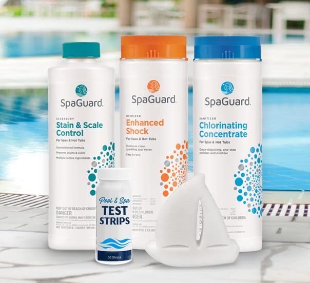 Standard Hot Tub Chemical Bundle with SpaGuard Chlorine, Enhanced Shock, Stain and Scale Control, Test Strips, LeisureQuip Scum Absorber
