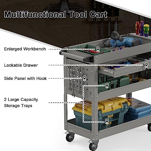 MOOLINCO 3 Tier Rolling Tool Cart with a Lockable Drawer and 4 Universal Wheels, Removable Tool Cart, Large Storage Capacity Tool Cart on Wheels, Suitable for Garage or Warehouse(New Grey)