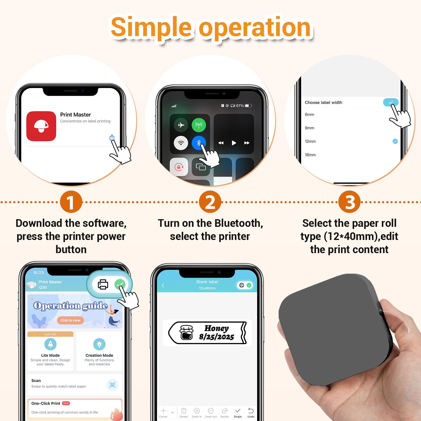 Odaro Q30 Label Maker Machine with Tape, Mini Sticker Inkless Thermal Label Printer, Bluetooth Portable Handheld Small Labeler for School, Home, Business, Office - Black, Q30-BK(1)