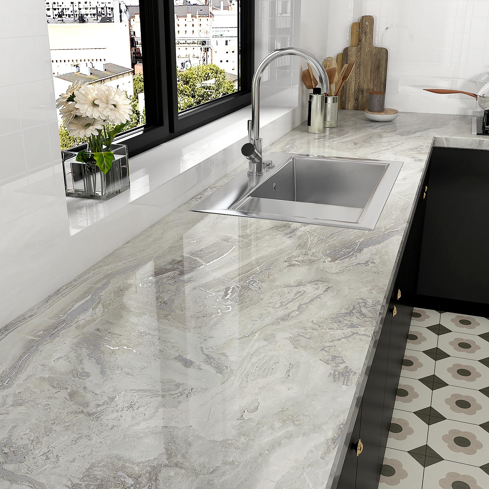 Beige/Silver Marble Contact Paper for Countertops Peel and Stick Wallpaper for Cabinet Vinyl Roll for Bathroom Kitchen Beige Granite Countertop Paper Cover 15.8''x78.7'' Contact Paper for Desk & Liner