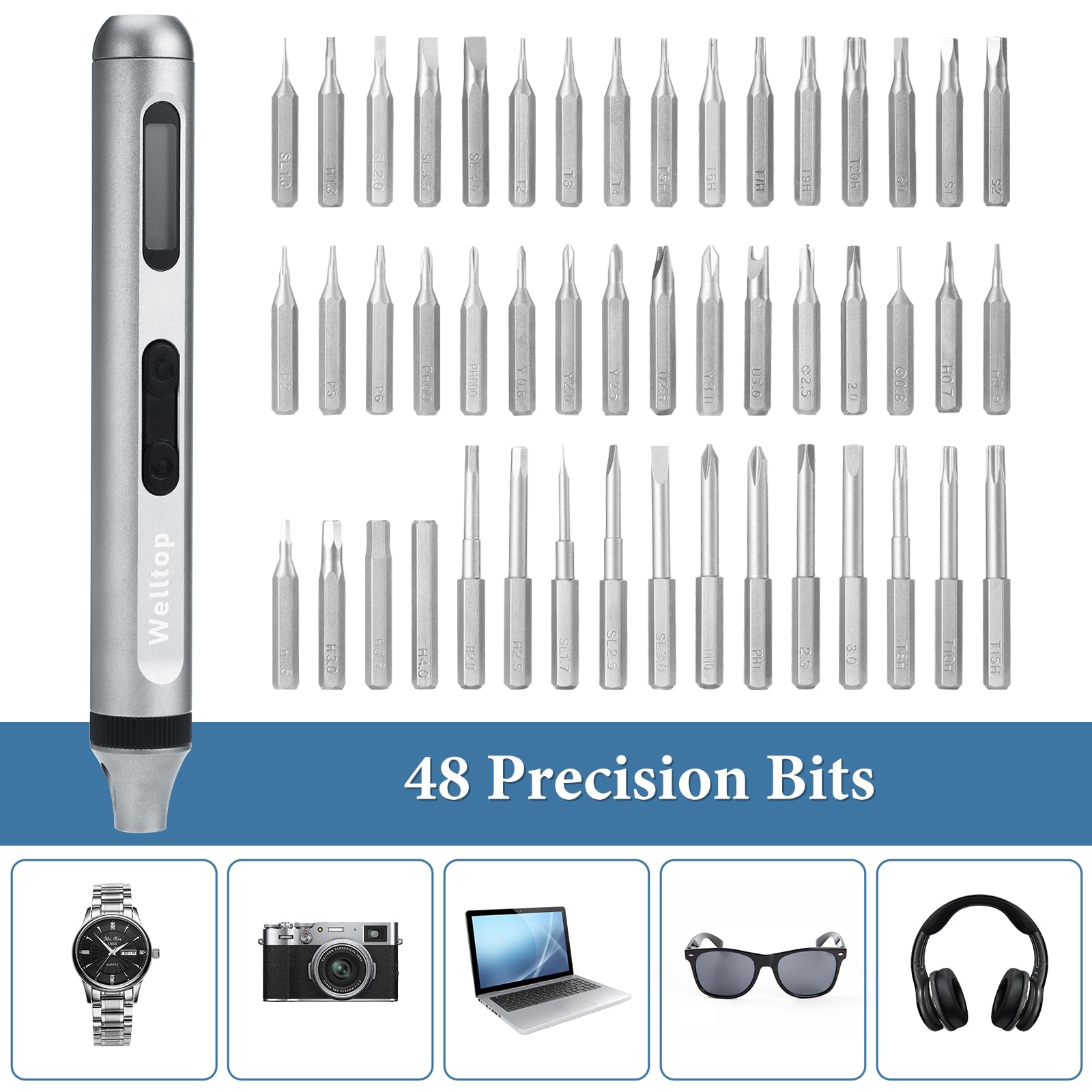 Welltop mini electric screwdriver, Precision Screwdriver Set, 52 in 1 Cordless Power Precision Screwdriver with 48 Magnetic Bits, Magnetic, and Equipped for Precision Work on Phones, Laptops, PS5