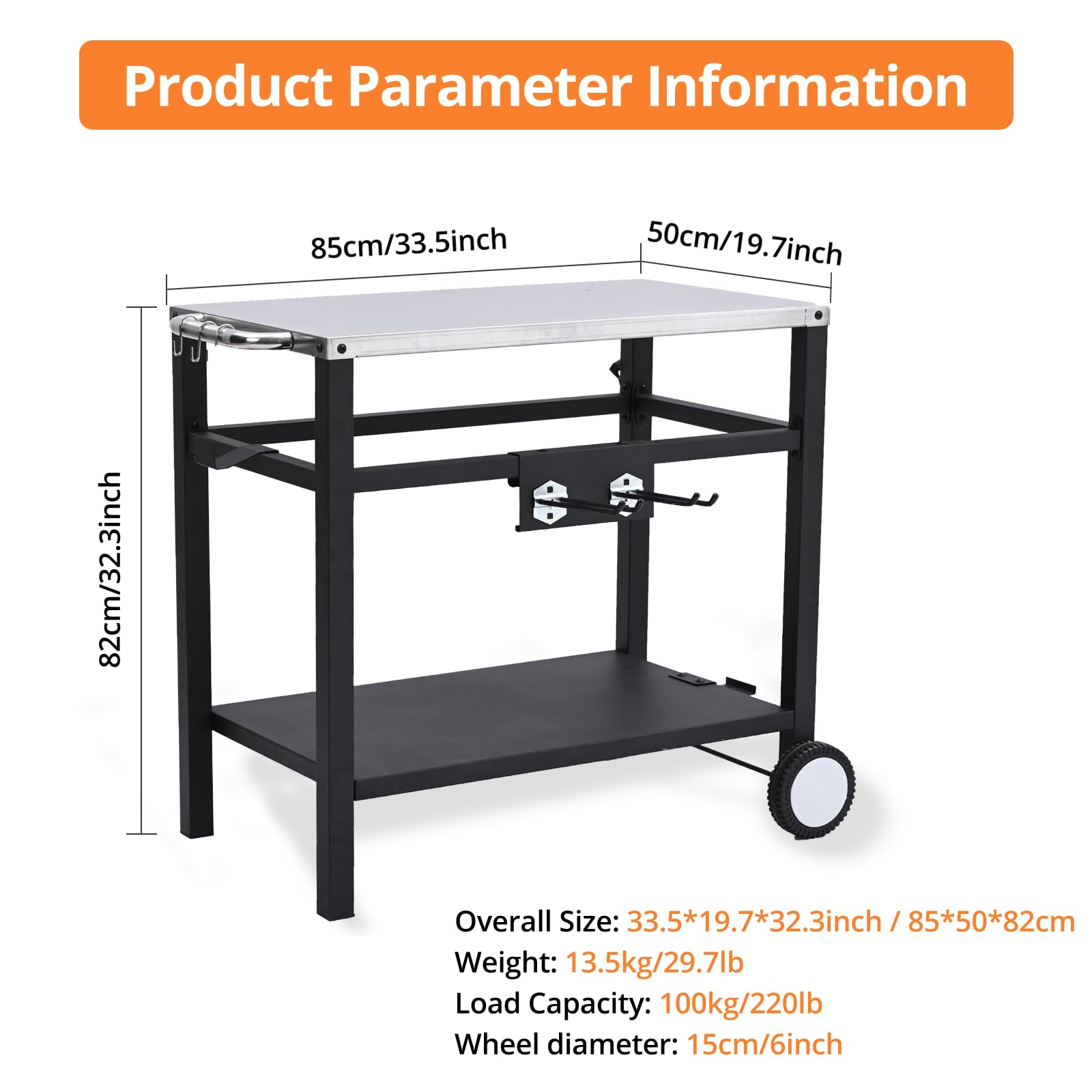 Dining Cart,Outdoor Grill Cart,Stainless Steel,with 4 Hooks, Double-Shelf,Side Handle,Wheels,Cooking Table for Outdoors, Kitchen or Backyard, Movable BBQ Trolley,Multifunctional and Commercial