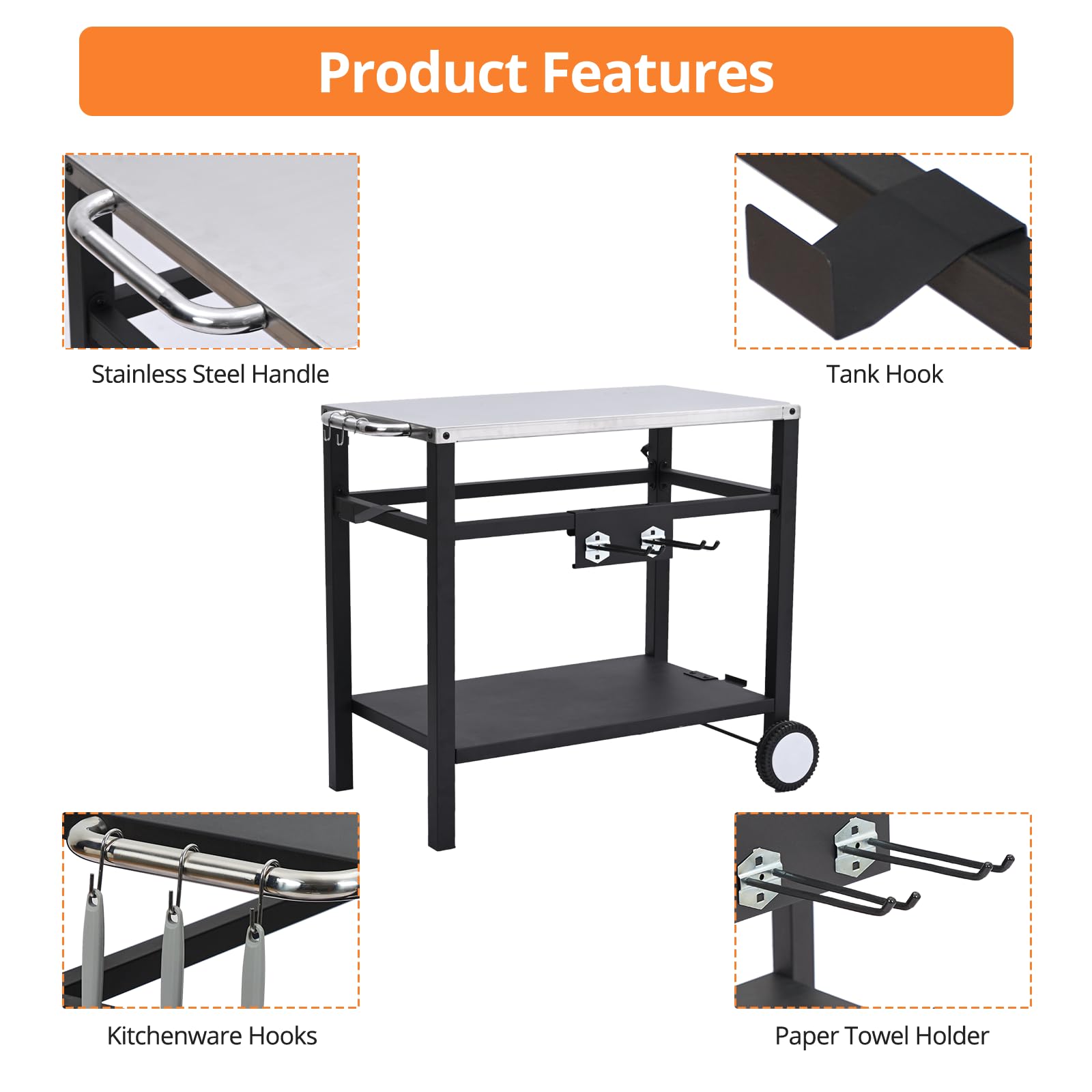 Dining Cart,Outdoor Grill Cart,Stainless Steel,with 4 Hooks, Double-Shelf,Side Handle,Wheels,Cooking Table for Outdoors, Kitchen or Backyard, Movable BBQ Trolley,Multifunctional and Commercial