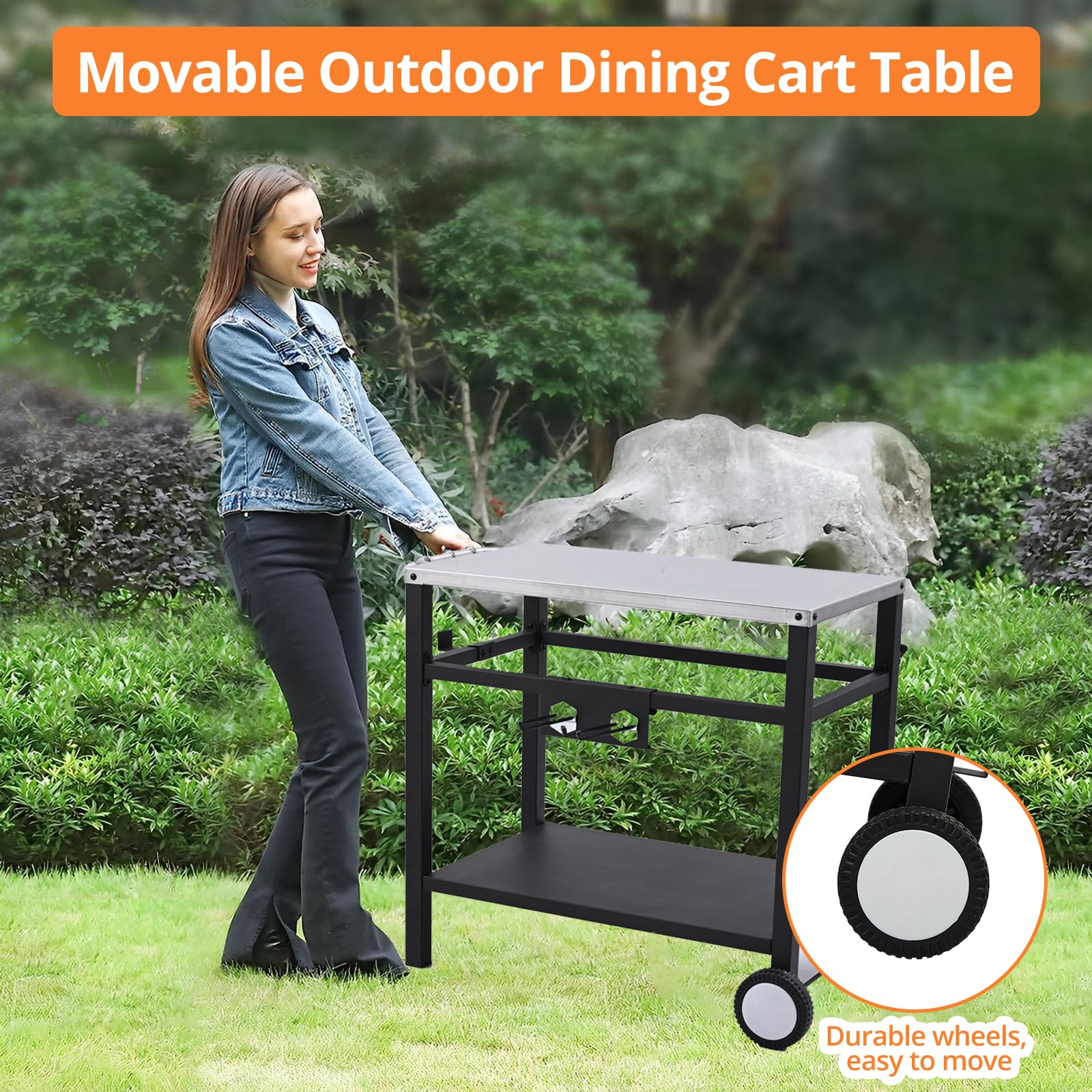 Dining Cart,Outdoor Grill Cart,Stainless Steel,with 4 Hooks, Double-Shelf,Side Handle,Wheels,Cooking Table for Outdoors, Kitchen or Backyard, Movable BBQ Trolley,Multifunctional and Commercial