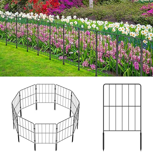 OUSHENG Decorative Garden Fence Fencing 10 Panels, 10ft (L) x 22in (H) Rustproof Metal Wire Border Animal Barrier with Plastic Stakes for Dog Yard Patio Outdoor, Square