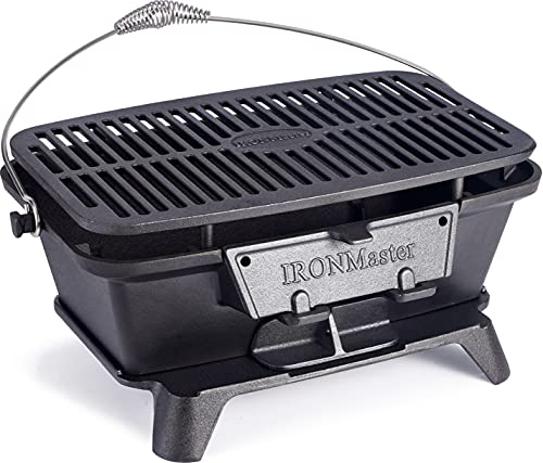 IronMaster CI-2020,Pre-Seasoned Large Cast Iron Charcoal Grill,Outdoor Camping Barbecue Cooking,BBQ Grill 2 Height Adjustment,Temperature Control & Charcoal Supply Ports,6+Servings