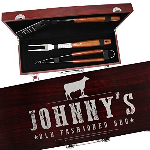 Engraved Grill BBQ Gifts Set for Dad Father Him - Custom Barbecue Personalized Grilling Set with Tools (Silver Engraving)