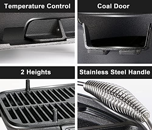 IronMaster CI-2020,Pre-Seasoned Large Cast Iron Charcoal Grill,Outdoor Camping Barbecue Cooking,BBQ Grill 2 Height Adjustment,Temperature Control & Charcoal Supply Ports,6+Servings