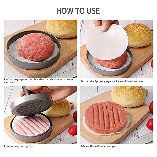 Yierouzi Non-Stick Burger Press with 100Pcs Patty Papers, Hamburger Patty Maker Mold, Hamburger Press Patty, Burger Mold Rings Easy Release Round for Meat, Beef, Veggie Burger, BBQ (Aluminum)