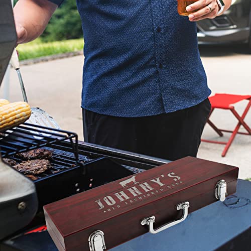 Engraved Grill BBQ Gifts Set for Dad Father Him - Custom Barbecue Personalized Grilling Set with Tools (Silver Engraving)