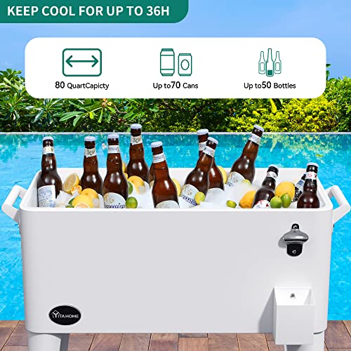 YITAHOME 80 Quart Rolling Cooler Cart with Bottle Opener Drainage, Portable Patio Cooler Rolling on Wheels, Outdoor Rolling Beverage Cart Drink Cooler for Patio Pool Deck Party Cookouts (White)