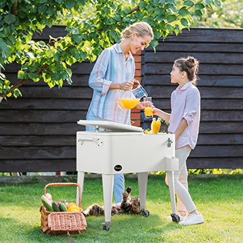 YITAHOME 80 Quart Rolling Cooler Cart with Bottle Opener Drainage, Portable Patio Cooler Rolling on Wheels, Outdoor Rolling Beverage Cart Drink Cooler for Patio Pool Deck Party Cookouts (White)