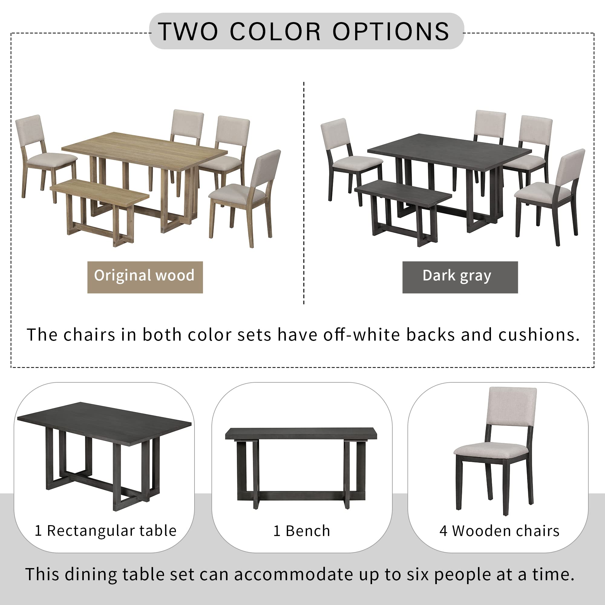 Bellemave 6-Piece Dining Table Set for 6 Kitchen Table Set with 4 Upholstered Chairs and Wooden Bench Rectangular Dining Room Set with H-Shaped Support Design for Kitchen, Dining Room (Grey)