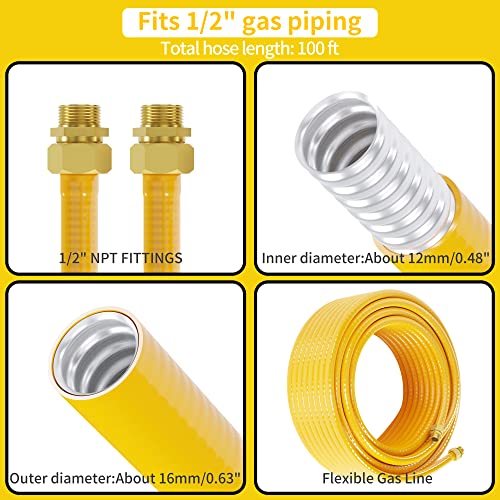 100FT 1/2 '' Flexible Gas Line,CSST Corrugated Stainless Steel Tubing,Natural Gas Line Pipe Propane Conversion Kit Grill Hose with 2 Male Adapter Fittings