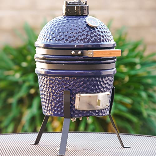 VESSILS Kamado Charcoal BBQ Grill β Heavy Duty Ceramic Barbecue Smoker and Roaster with Built-in Thermometer and Stainless Steel Grate (13 Inch Stand, Blue)