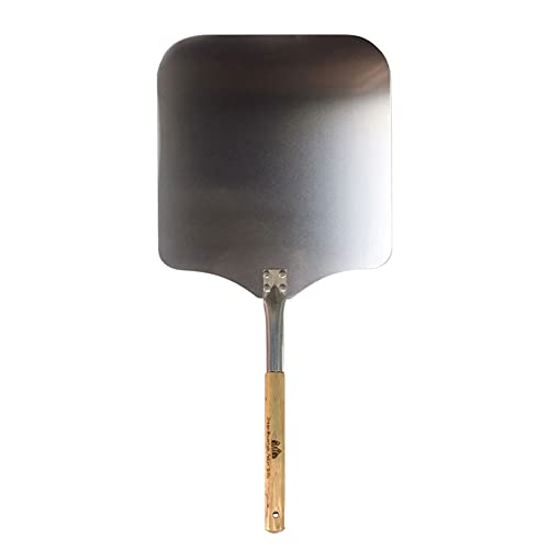 Green Mountain Grills 14 Inch Square Steel Pizza Peel with Engraved Wooden Handle for Pellet Grill Wood-Fired Pizza Ovens, Silver