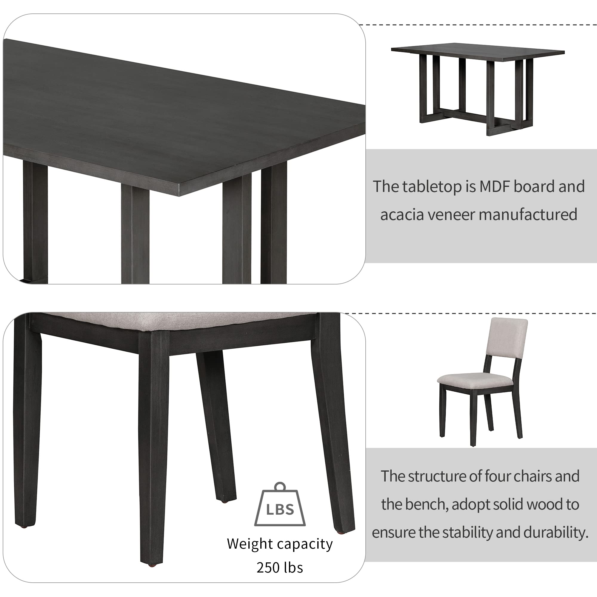 Bellemave 6-Piece Dining Table Set for 6 Kitchen Table Set with 4 Upholstered Chairs and Wooden Bench Rectangular Dining Room Set with H-Shaped Support Design for Kitchen, Dining Room (Grey)