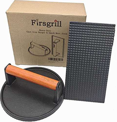 Firsgrill Burger Press 7.08" Round & 8.3‘’X4.3”Rectangle Heavy-Duty Cast Iron Smash Meat Steak With Wood Handle for Blackstone Camp chef Pitboss Weber Treager Griddle Grills (Round & Rectangle)