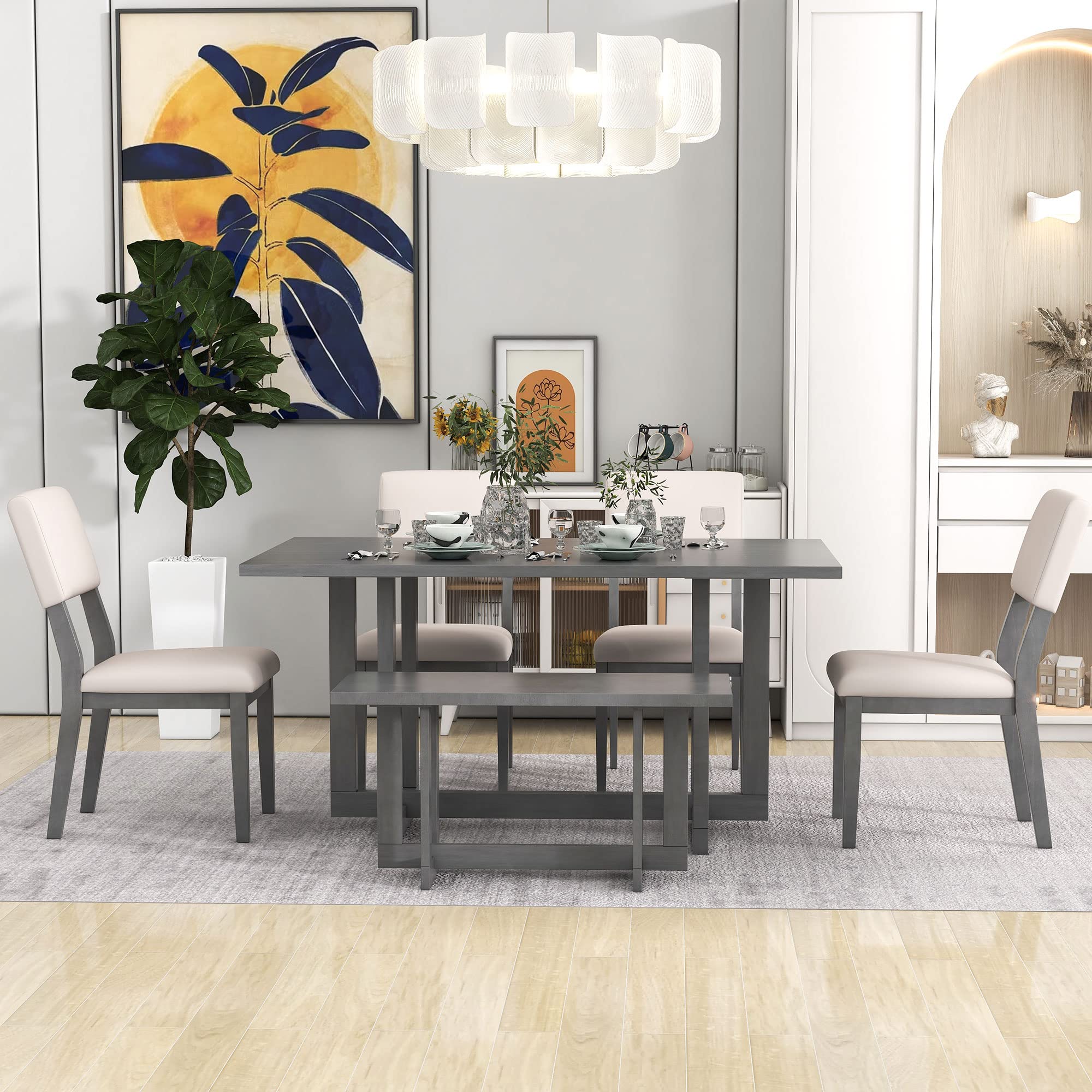 Bellemave 6-Piece Dining Table Set for 6 Kitchen Table Set with 4 Upholstered Chairs and Wooden Bench Rectangular Dining Room Set with H-Shaped Support Design for Kitchen, Dining Room (Grey)
