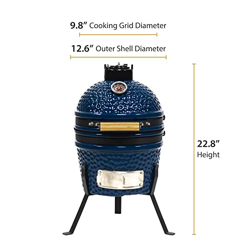 VESSILS Kamado Charcoal BBQ Grill β Heavy Duty Ceramic Barbecue Smoker and Roaster with Built-in Thermometer and Stainless Steel Grate (13 Inch Stand, Blue)