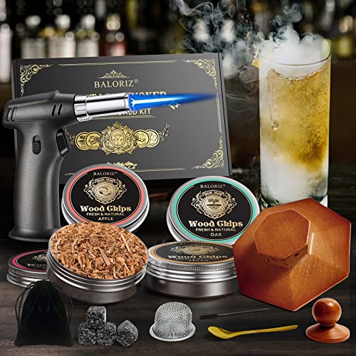 Cocktail Smoker Kit with Torch (No Butane) β Old Fashioned Kits Bourbon Whiskey Smoker Kit with 4 Wood Chips of Cherry, Oak, Apple, Pecan Chips, 4 Ice Cube, Brush,Filter,Spoon Ideal Gifts for Men