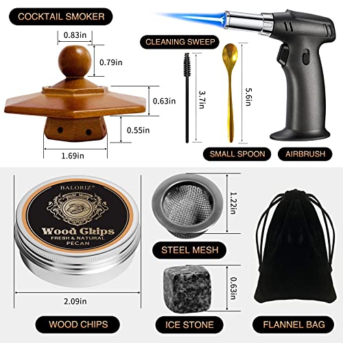 Cocktail Smoker Kit with Torch (No Butane) β Old Fashioned Kits Bourbon Whiskey Smoker Kit with 4 Wood Chips of Cherry, Oak, Apple, Pecan Chips, 4 Ice Cube, Brush,Filter,Spoon Ideal Gifts for Men