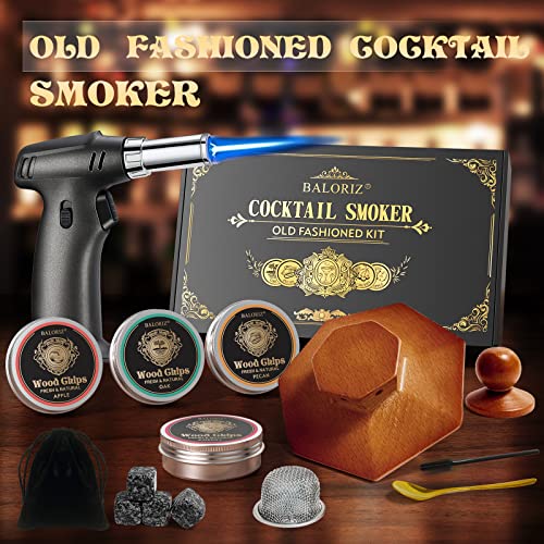 Cocktail Smoker Kit with Torch (No Butane) β Old Fashioned Kits Bourbon Whiskey Smoker Kit with 4 Wood Chips of Cherry, Oak, Apple, Pecan Chips, 4 Ice Cube, Brush,Filter,Spoon Ideal Gifts for Men