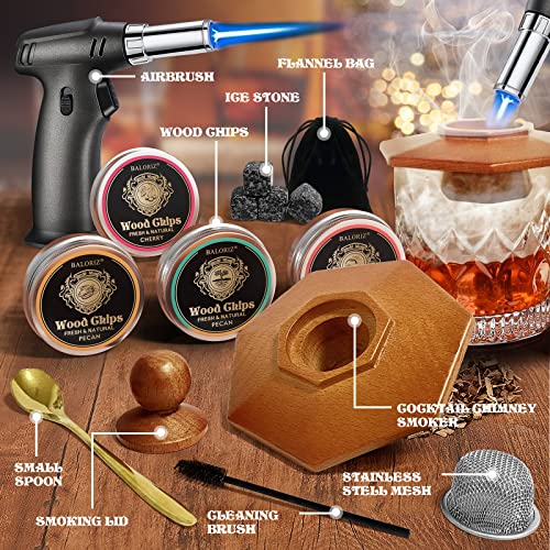 Cocktail Smoker Kit with Torch (No Butane) β Old Fashioned Kits Bourbon Whiskey Smoker Kit with 4 Wood Chips of Cherry, Oak, Apple, Pecan Chips, 4 Ice Cube, Brush,Filter,Spoon Ideal Gifts for Men