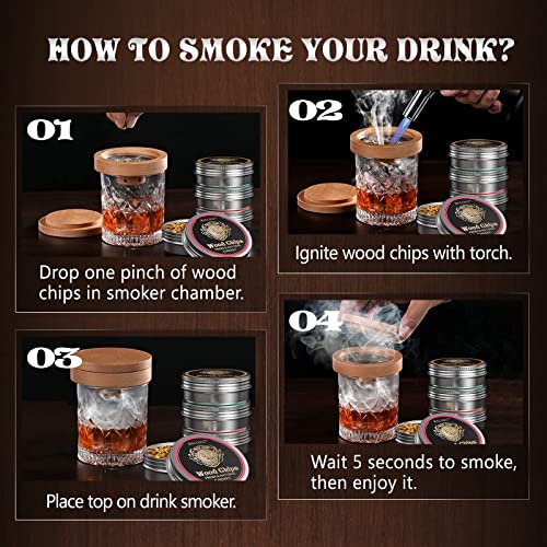 Cocktail Smoker Kit with Torch (No Butane) β Old Fashioned Kits Bourbon Whiskey Smoker Kit with 4 Wood Chips of Cherry, Oak, Apple, Pecan Chips, 4 Ice Cube, Brush,Filter,Spoon Ideal Gifts for Men