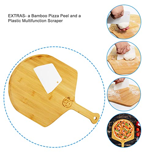 AILUROPODA 13" Round Pizza Stone for Oven and Grill with Bamboo Pizza Paddle, Cleaning Scraper and Recipe Cordierite Baking Stone for Oven Thermal Shock Resistant